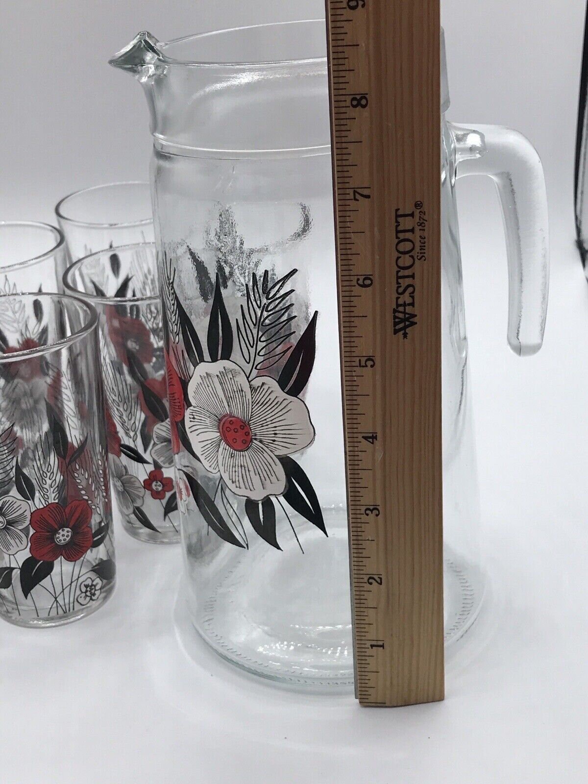 Cerve Glass Juice Pitcher & 6 Glasses Black/red and White Flowers Made ...