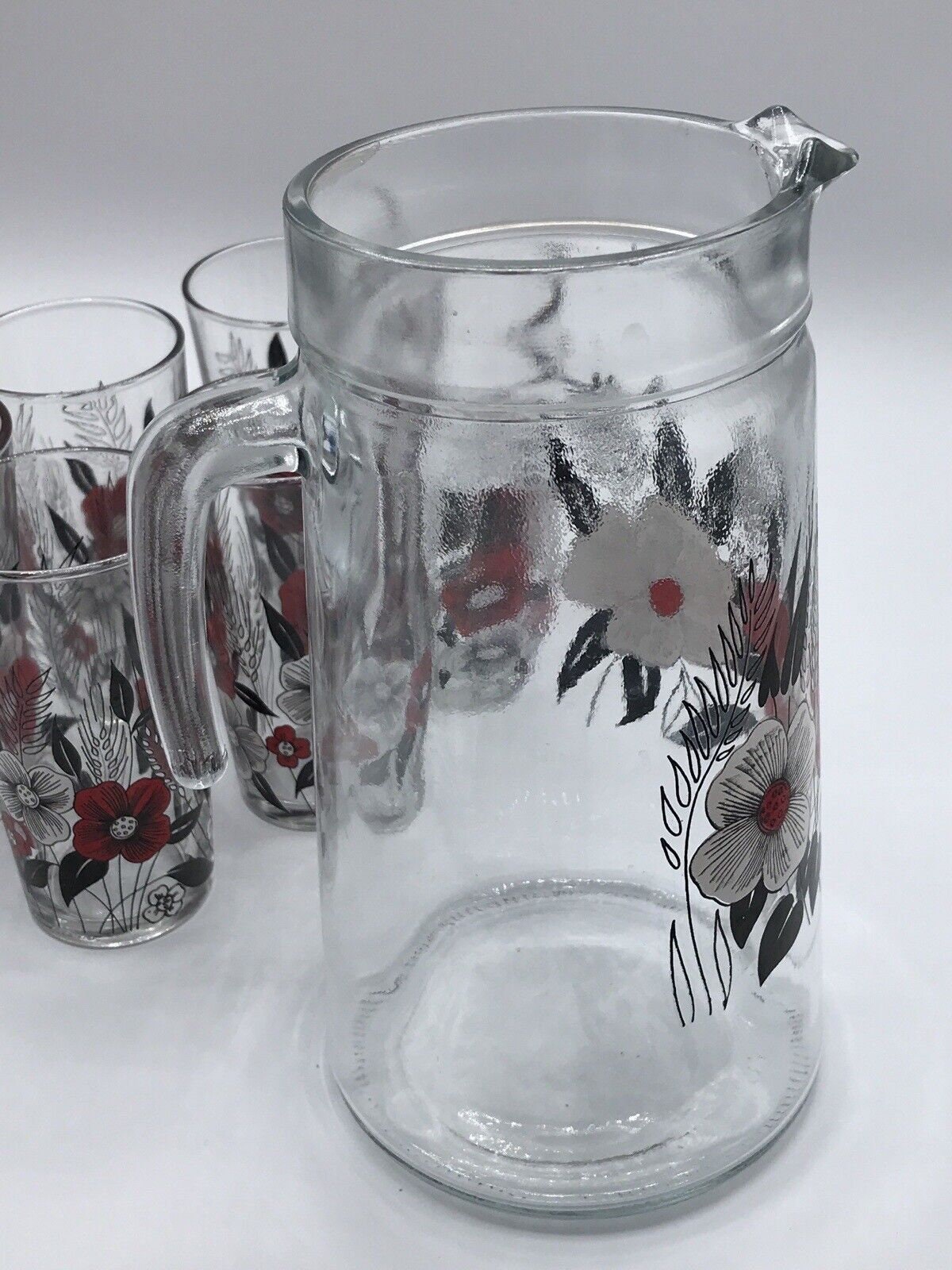 Cerve Glass Juice Pitcher & 6 Glasses Black/red and White Flowers Made ...