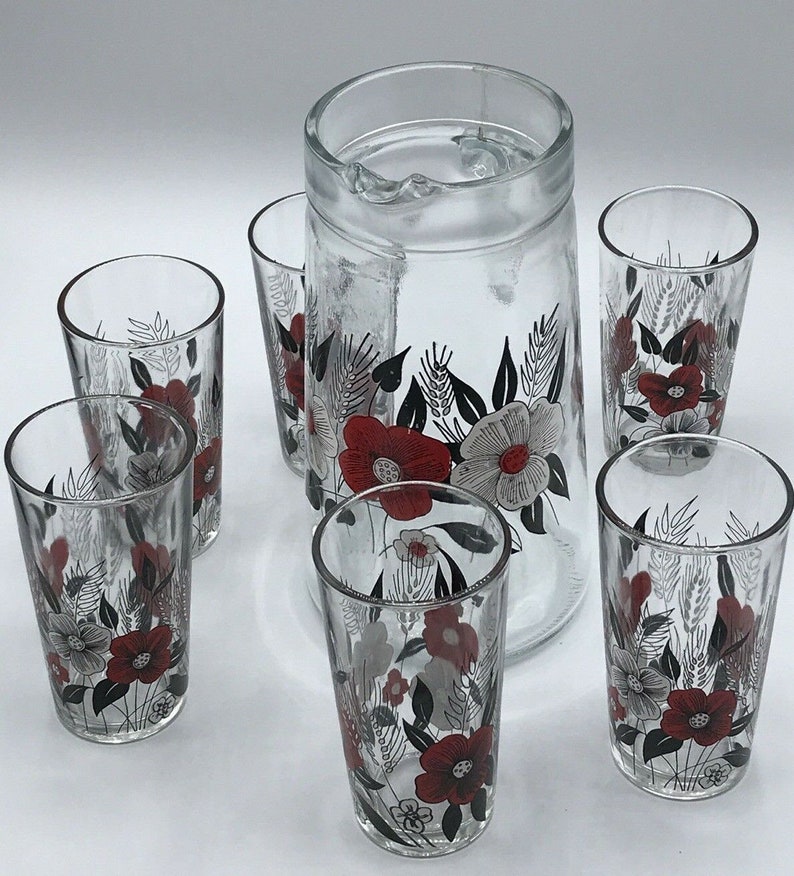 Cerve Glass Juice Pitcher & 6 Glasses Black/red and White Flowers Made ...