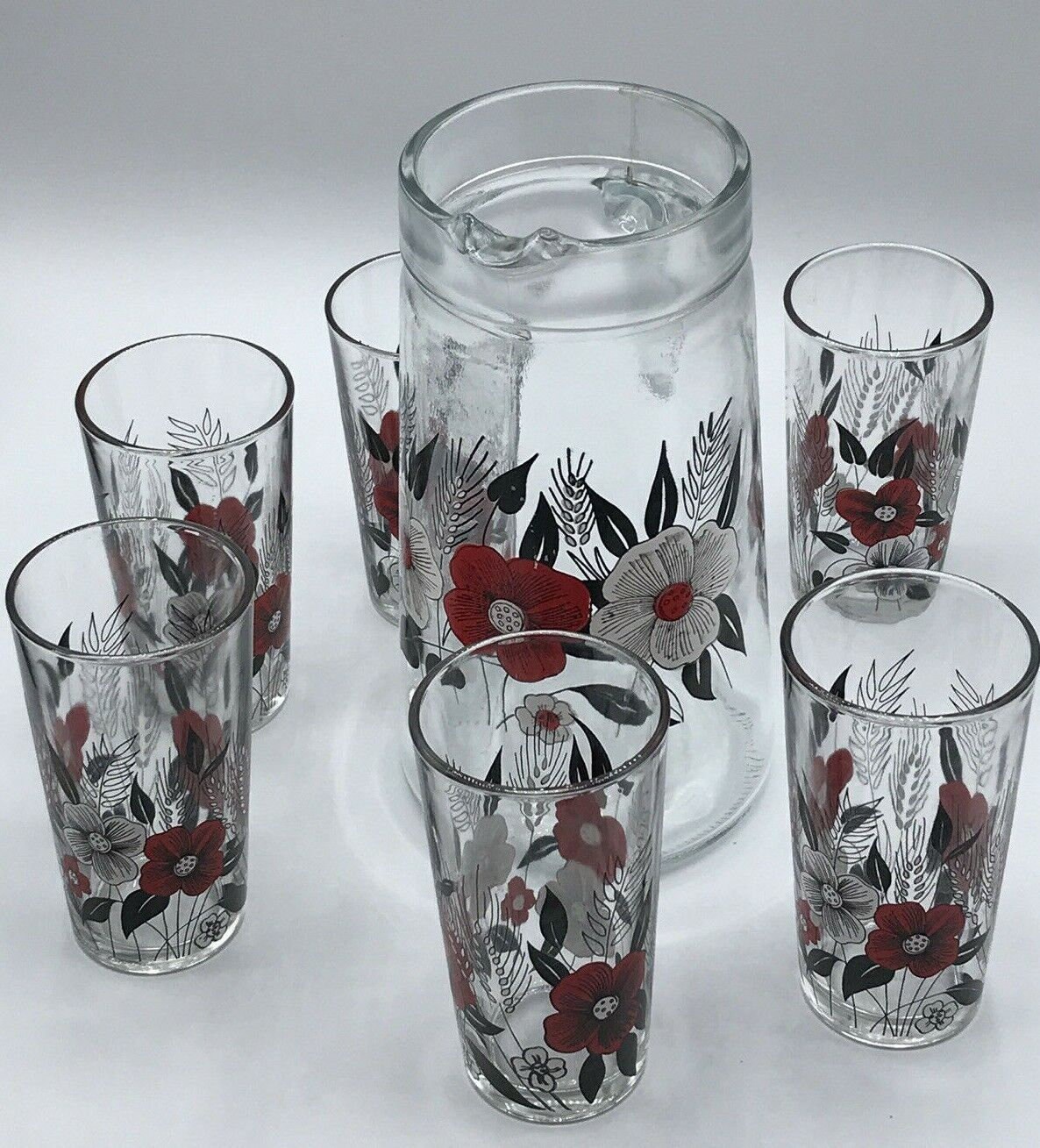 Cerve Glass Juice Pitcher & 6 Glasses Black/red and White Flowers Made ...