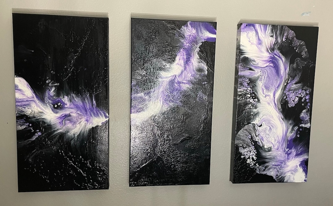 Black Purple and White Triptych Dutch Pour Acrylic Painting on Gallery Wrapped Thick Canvas With ...