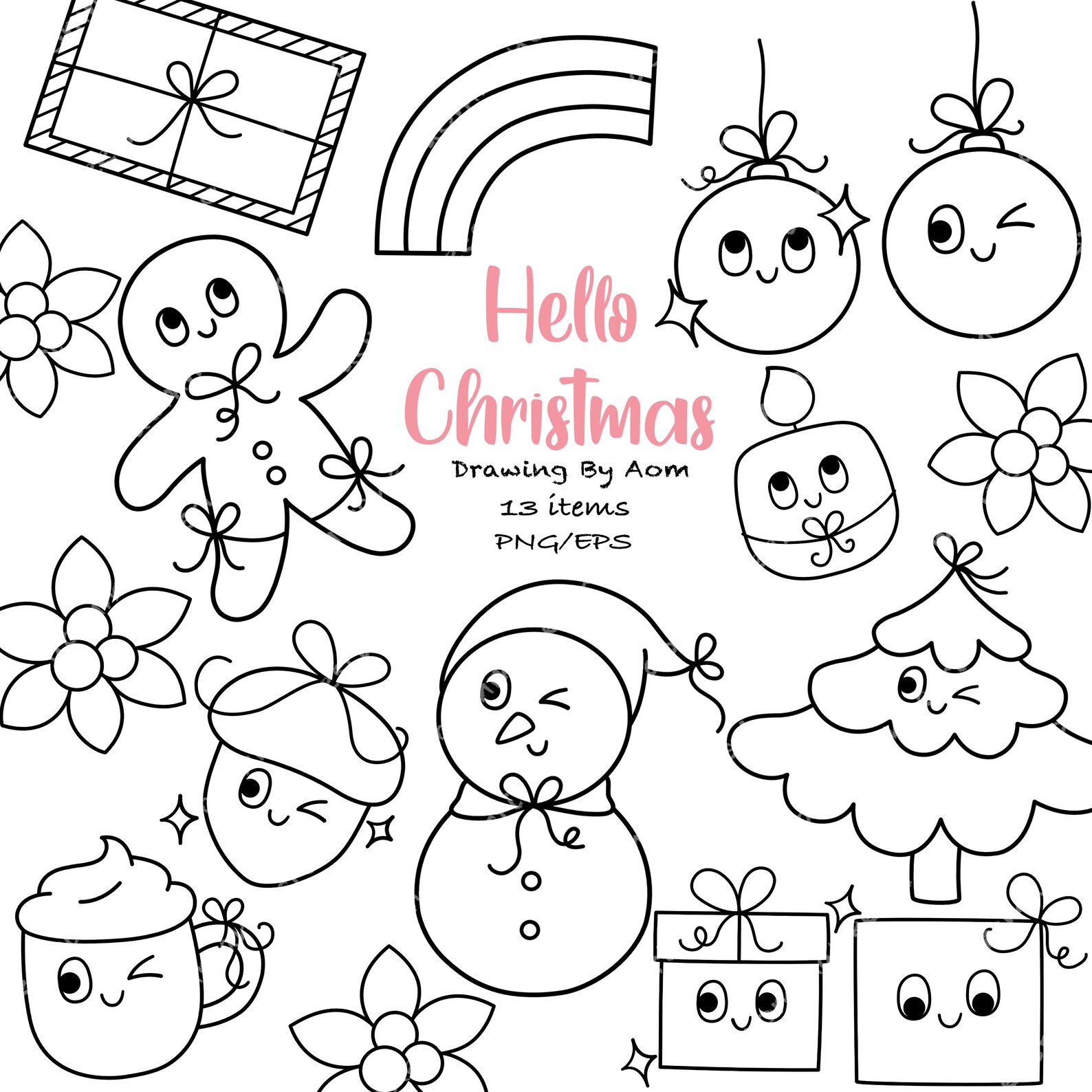 Christmas PNG, Cute Christmas Clipart Set, Christmas Set for Coloring ...