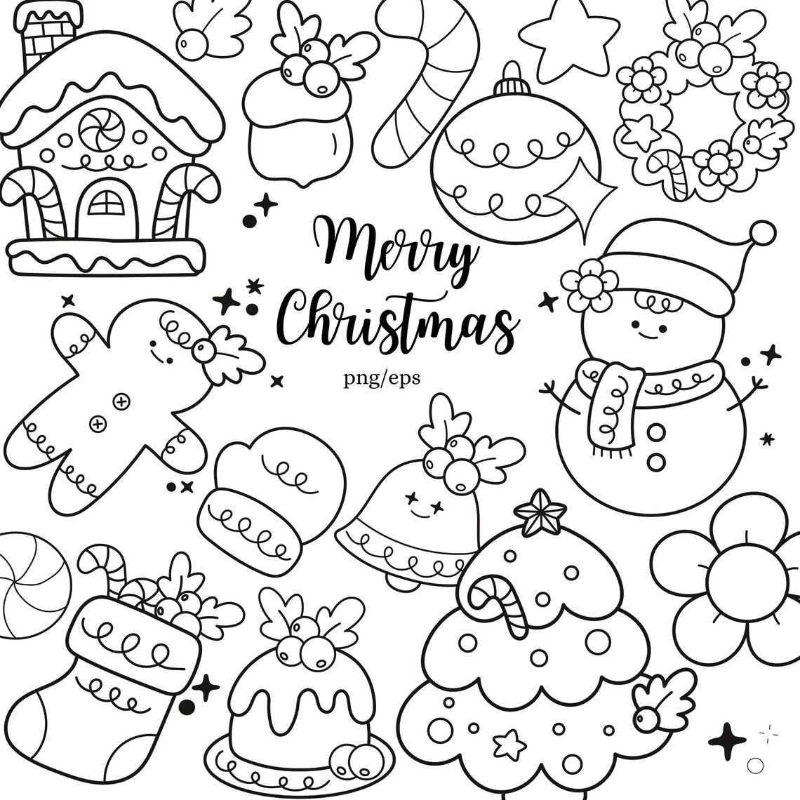 Christmas PNG, Cute Christmas Clipart Set, Christmas Set for Coloring ...