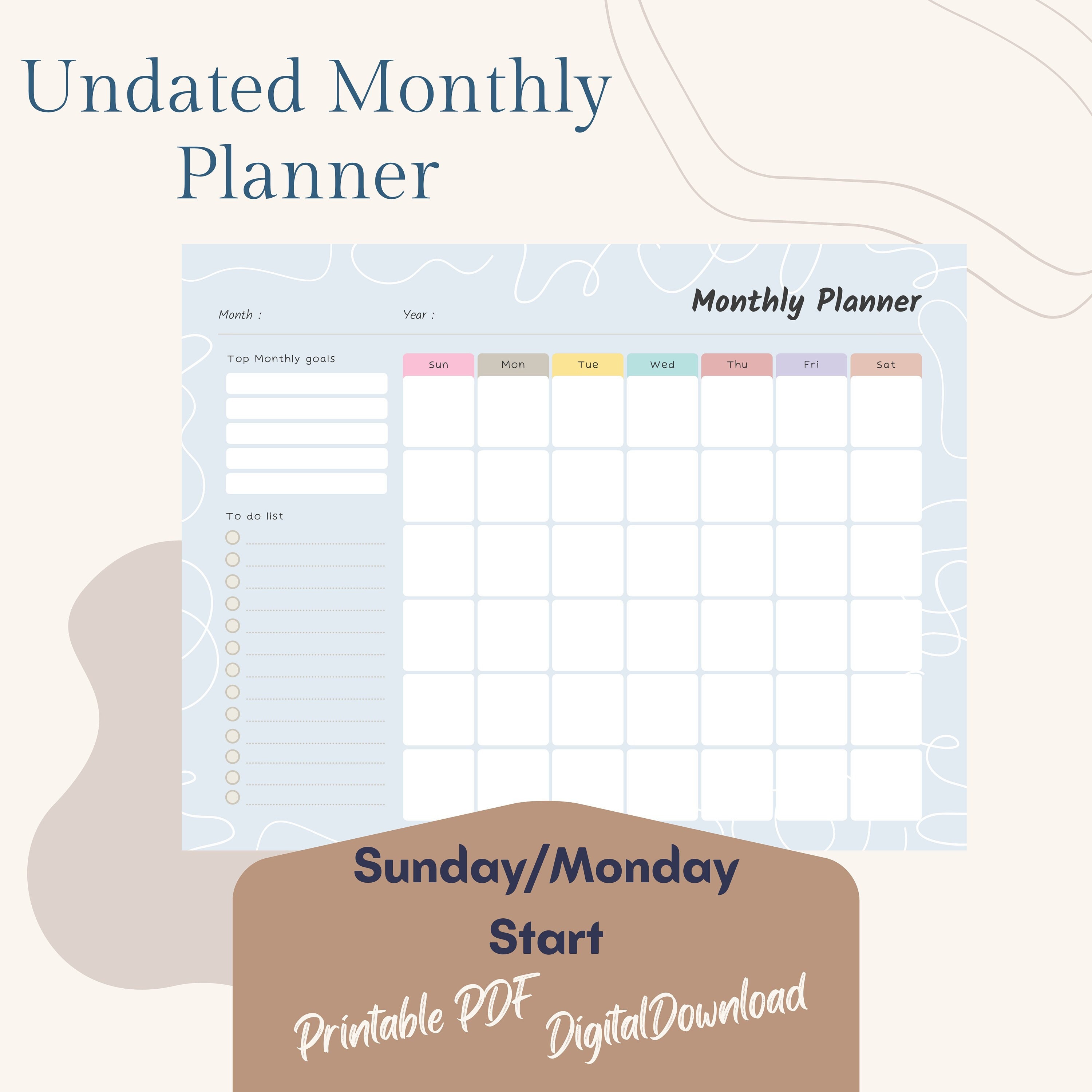 Undated Monthly Planner Calendar - Printable PDF - Digital Download ...