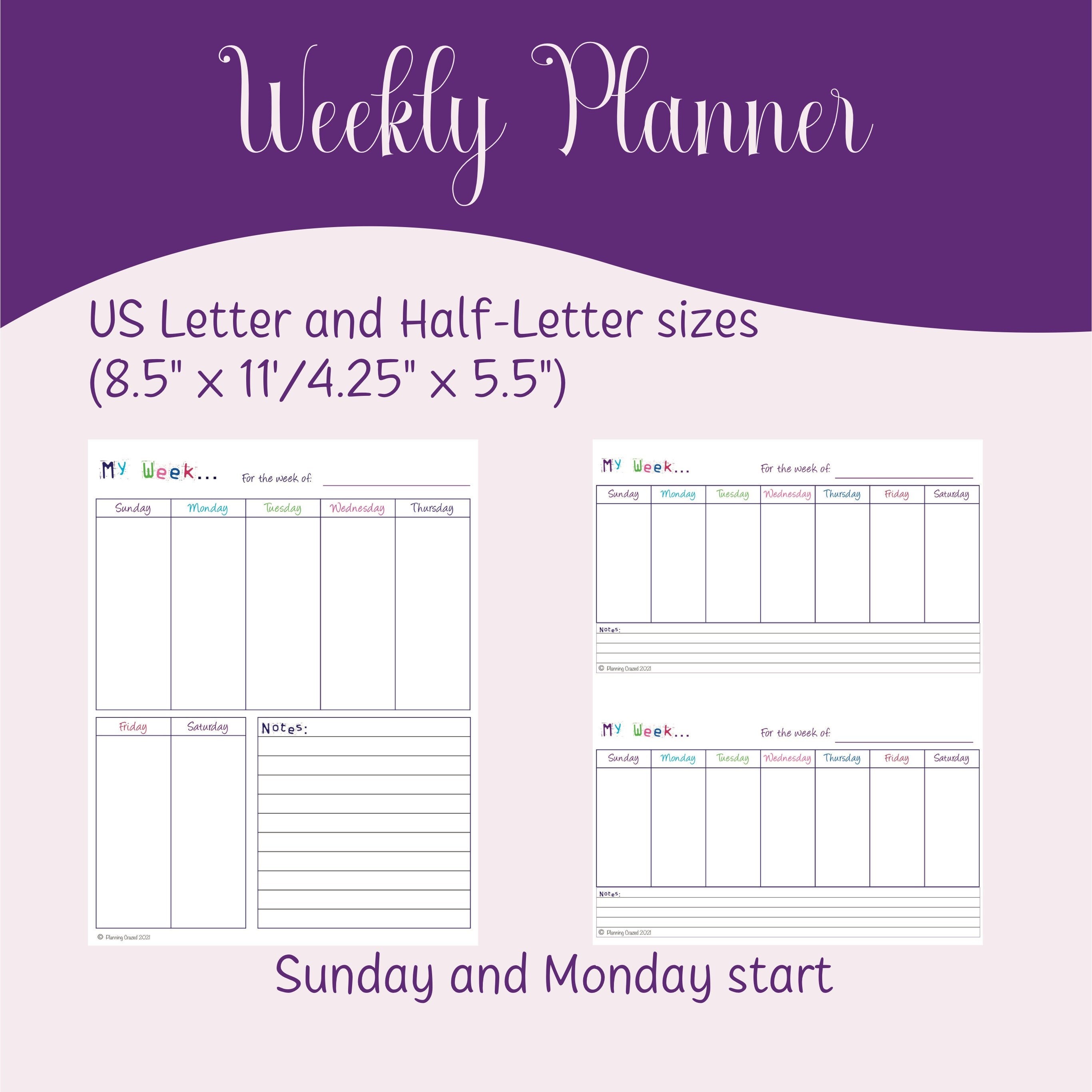 Weekly Planner Letter and Half-letter Size Colorful - Etsy