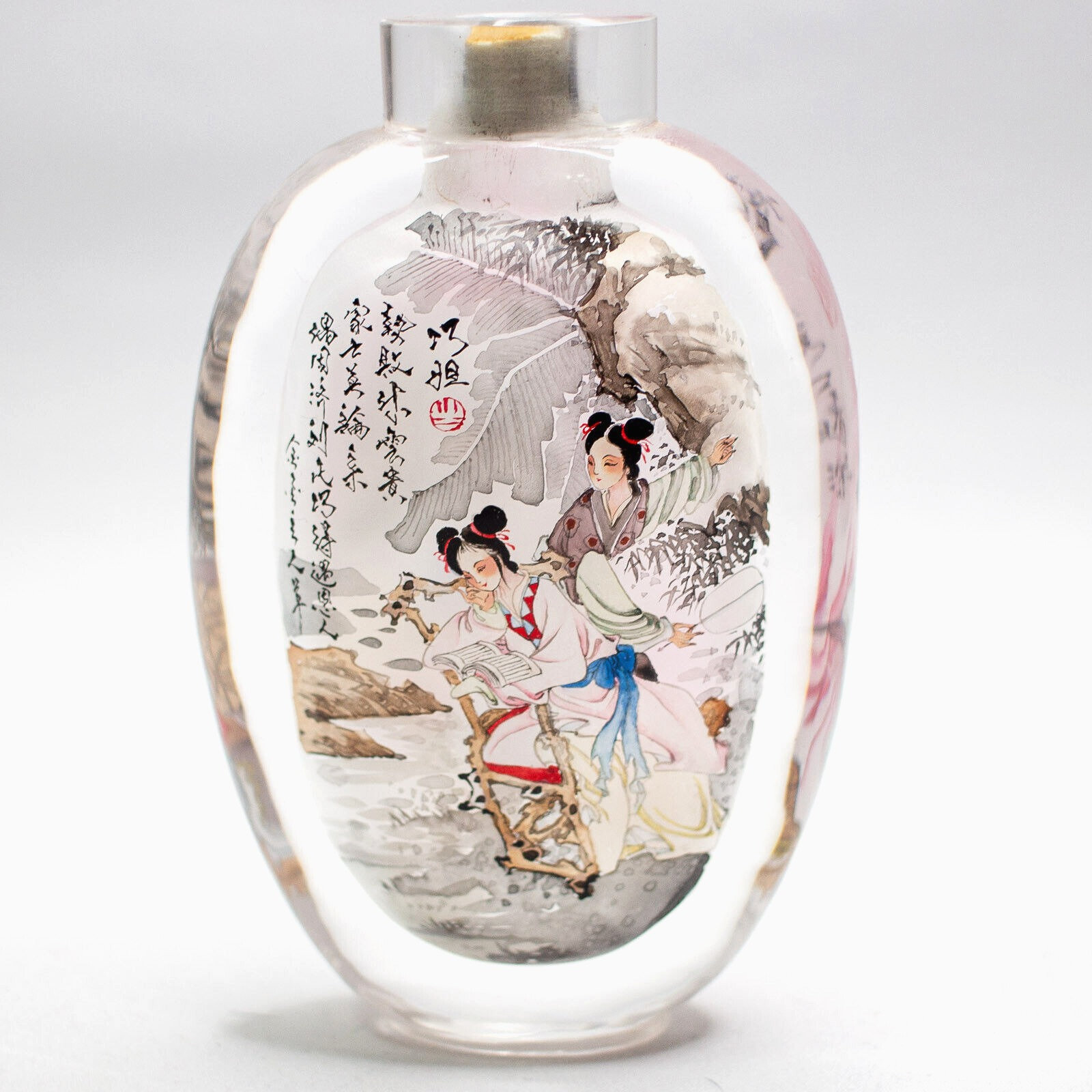 Antique Chinese Reverse Painting Glass Snuff Bottle Ladies Serving Tea ...