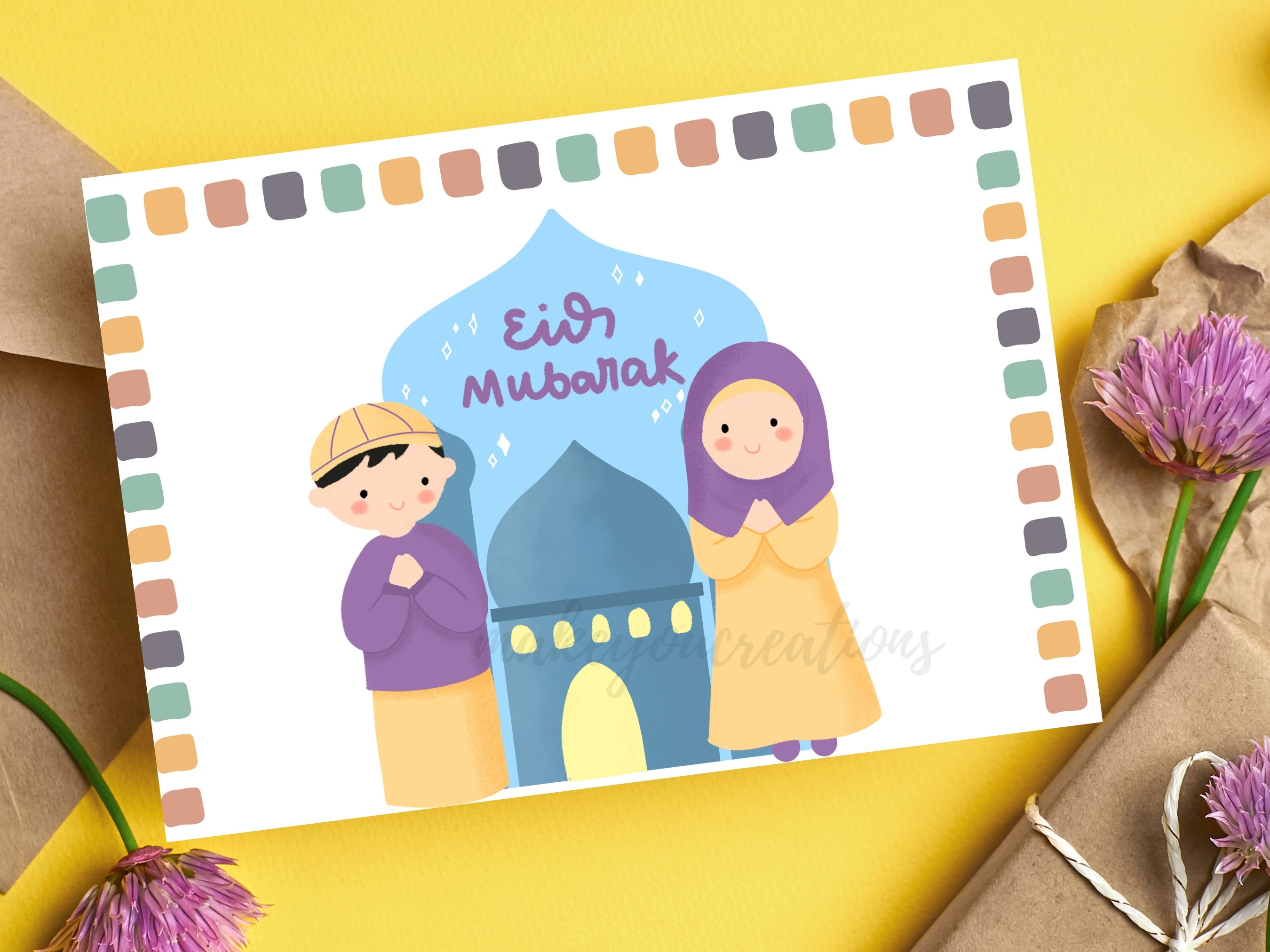 Eid Card Kids, Printable Eid Mubarak Card Kids, Minimalist Eid Mubarak ...