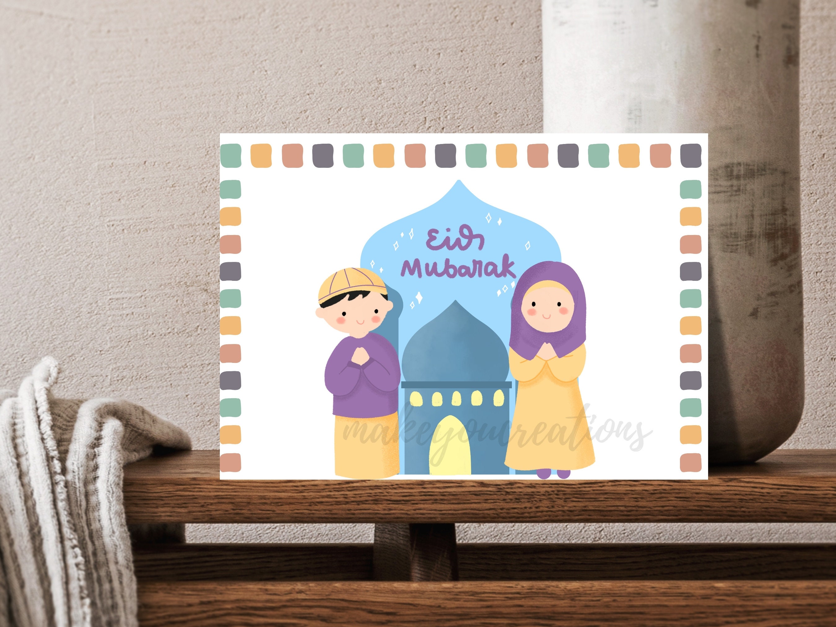 Eid Card Kids, Printable Eid Mubarak Card Kids, Minimalist Eid Mubarak ...