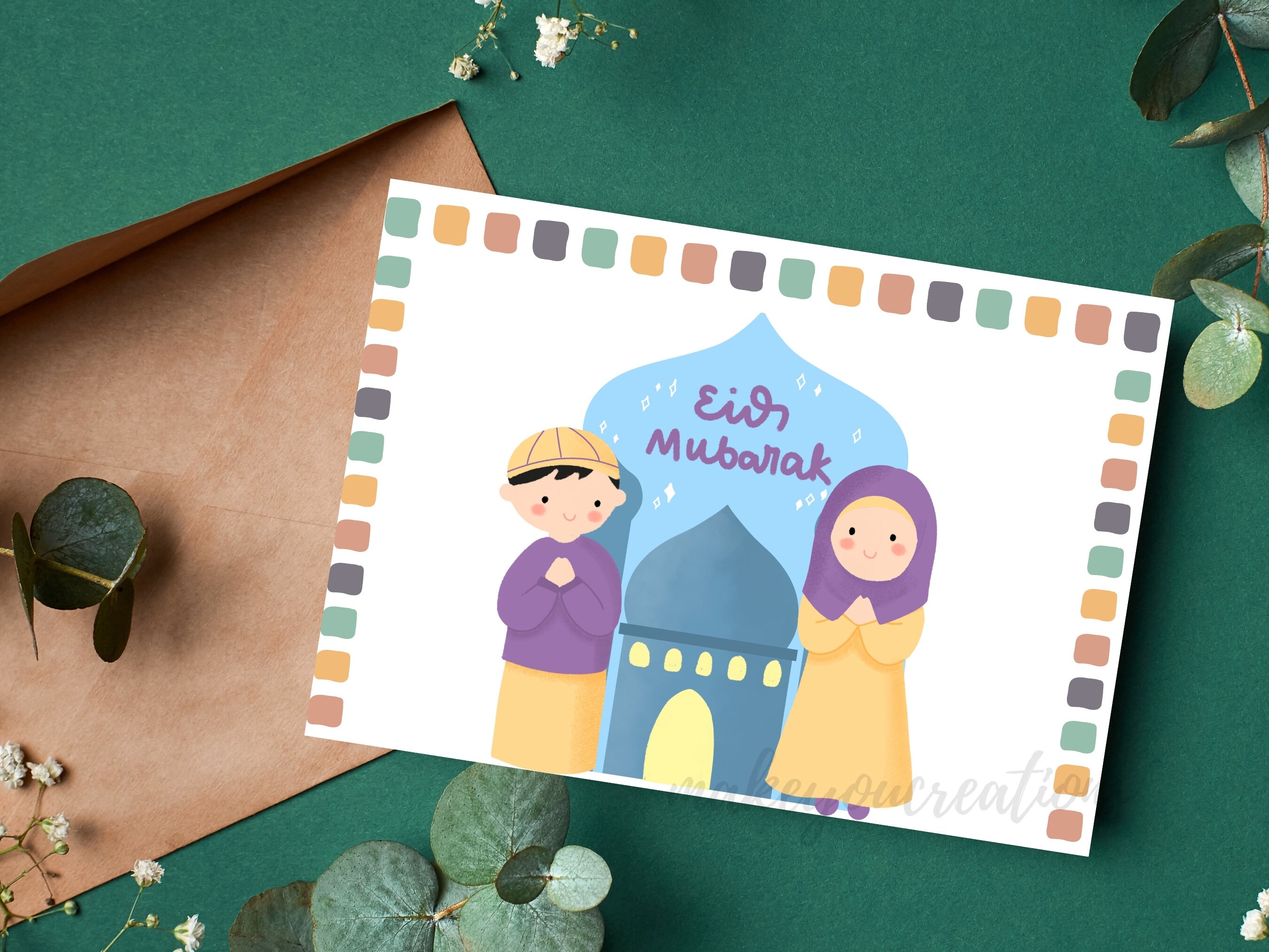 Eid Card Kids, Printable Eid Mubarak Card Kids, Minimalist Eid Mubarak ...