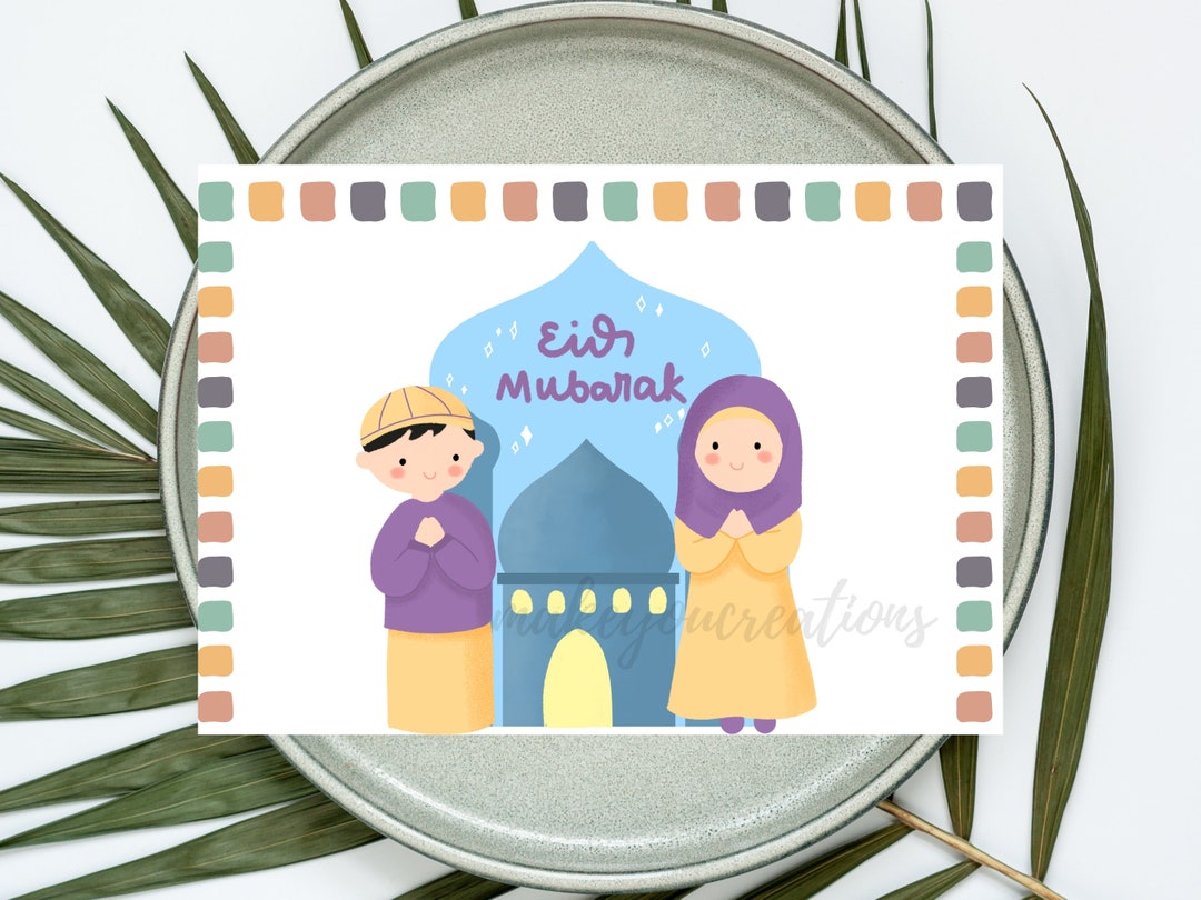 Eid Card Kids, Printable Eid Mubarak Card Kids, Minimalist Eid Mubarak ...
