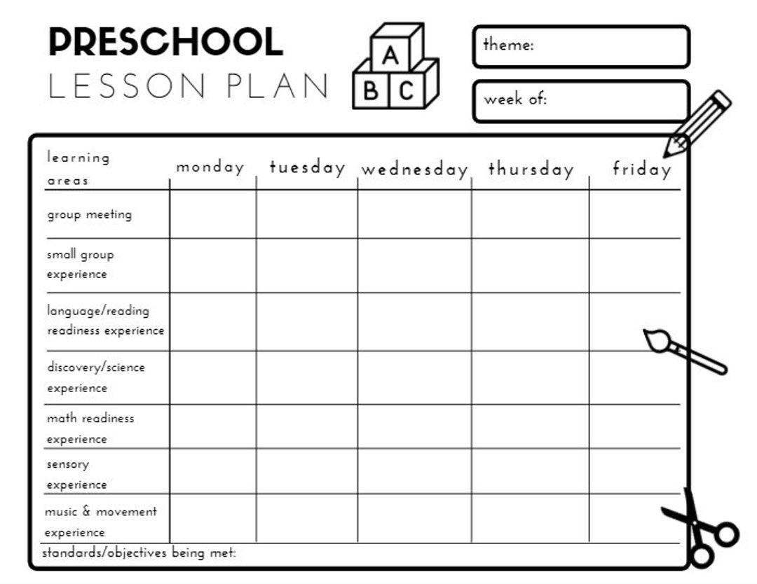Preschool Weekly Lesson Plan Black & White Style - Etsy