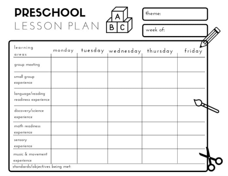 Preschool Weekly Lesson Plan- Black & White Style - Etsy