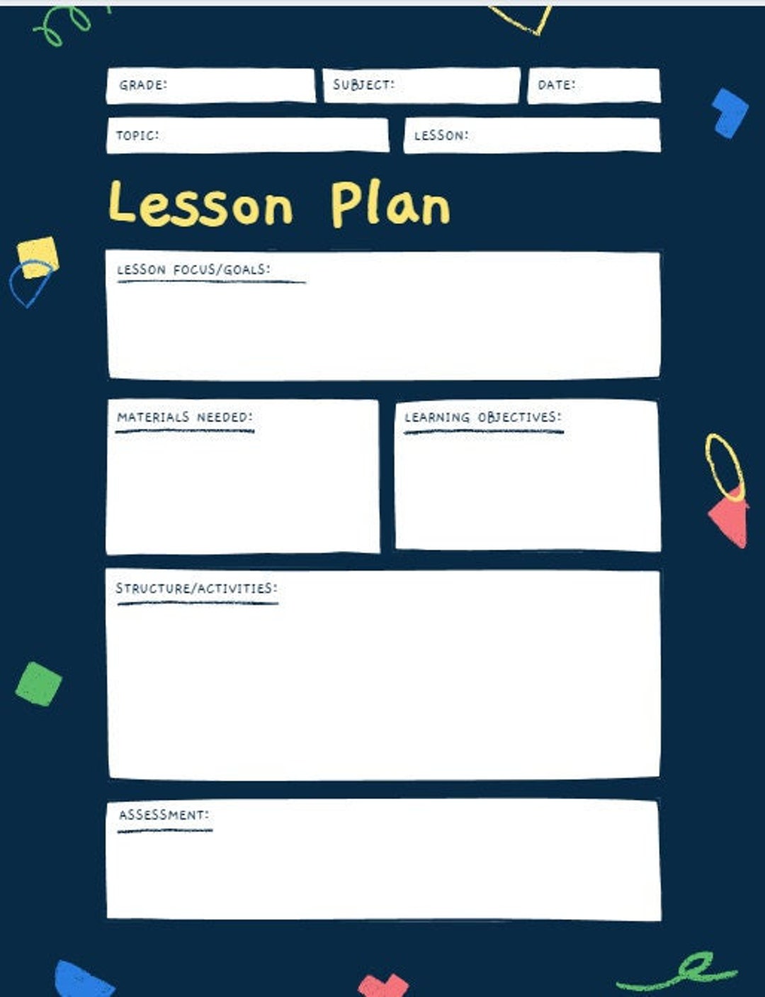 Daily Lesson Plan-dark Blue Style - Etsy