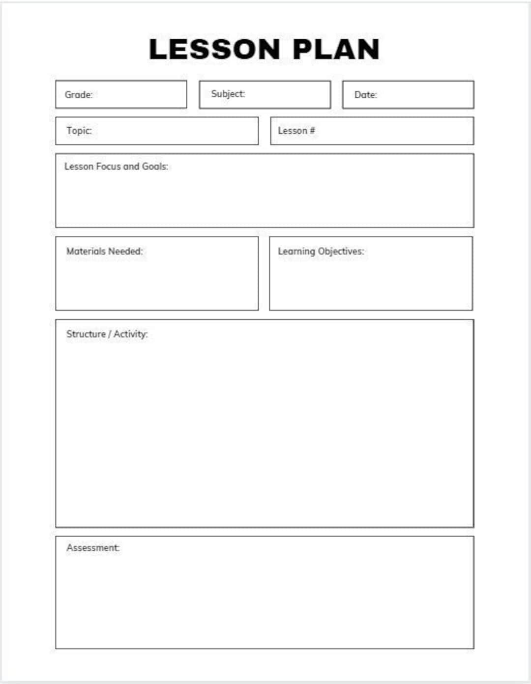 Daily Lesson Plan-black & White Standard - Etsy