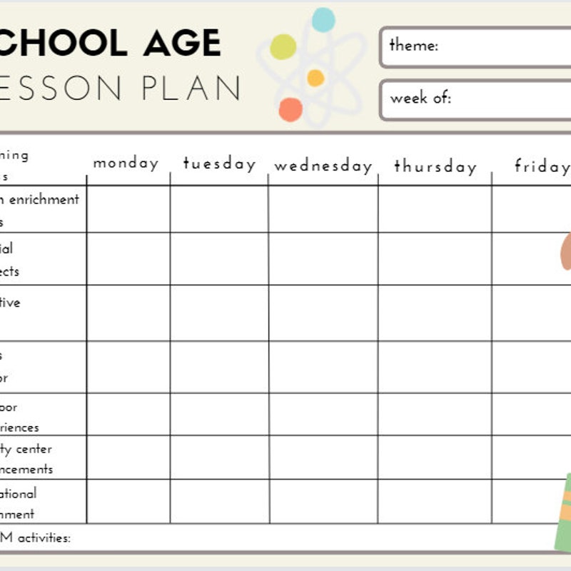 School Age Lesson Plan Template - Etsy
