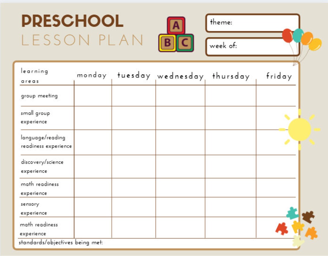 Preschool Weekly Lesson Plan-color Style - Etsy