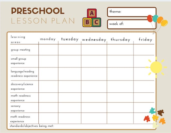Preschool Weekly Lesson Plan-color Style - Etsy