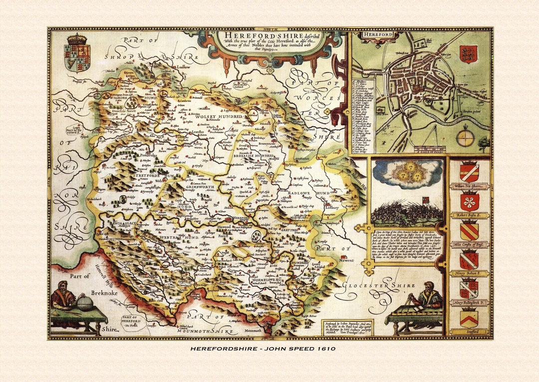 Old Map of Herefordshire - Historic Map by John Speed. Premium Quality ...