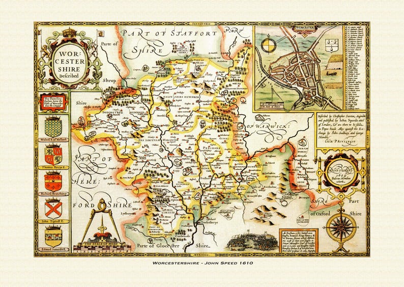 Old Map of Worcestershire - Historic Map by John Speed. Premium Quality ...