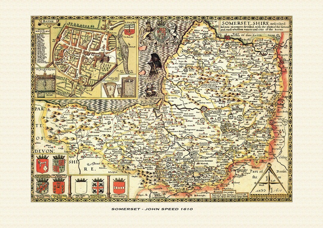 Old Map of Somerset - Historic Map by John Speed. Premium Quality ...