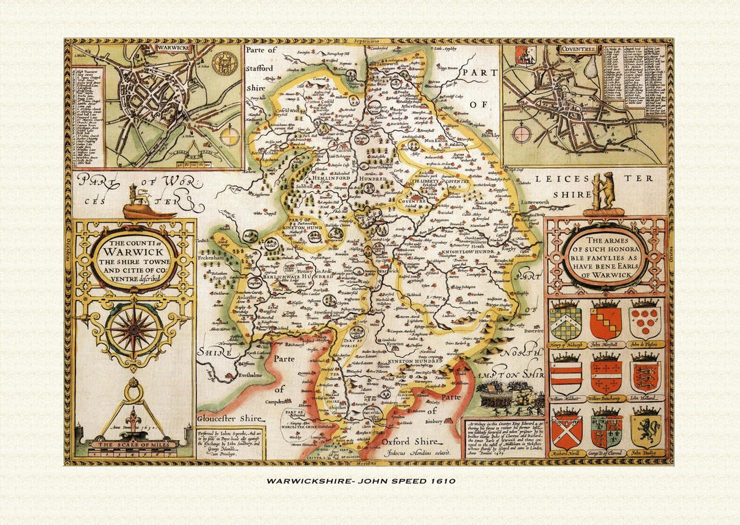 Old Map of Warwickshire - Historic Map by John Speed. Premium Quality ...