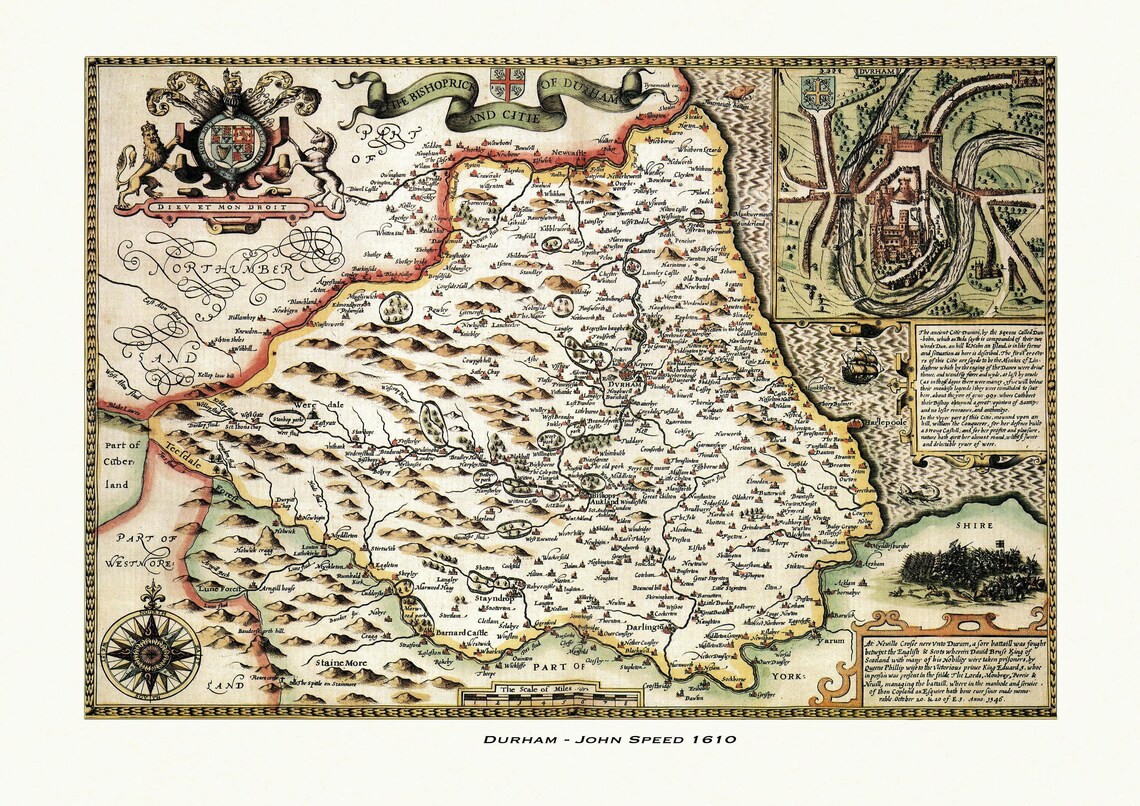 Old Map of Durham - Historic Map by John Speed. Premium Quality. Framed ...