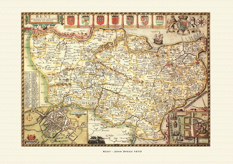 Old Map of Kent - Historic Map by John Speed. Premium Quality. Framed ...