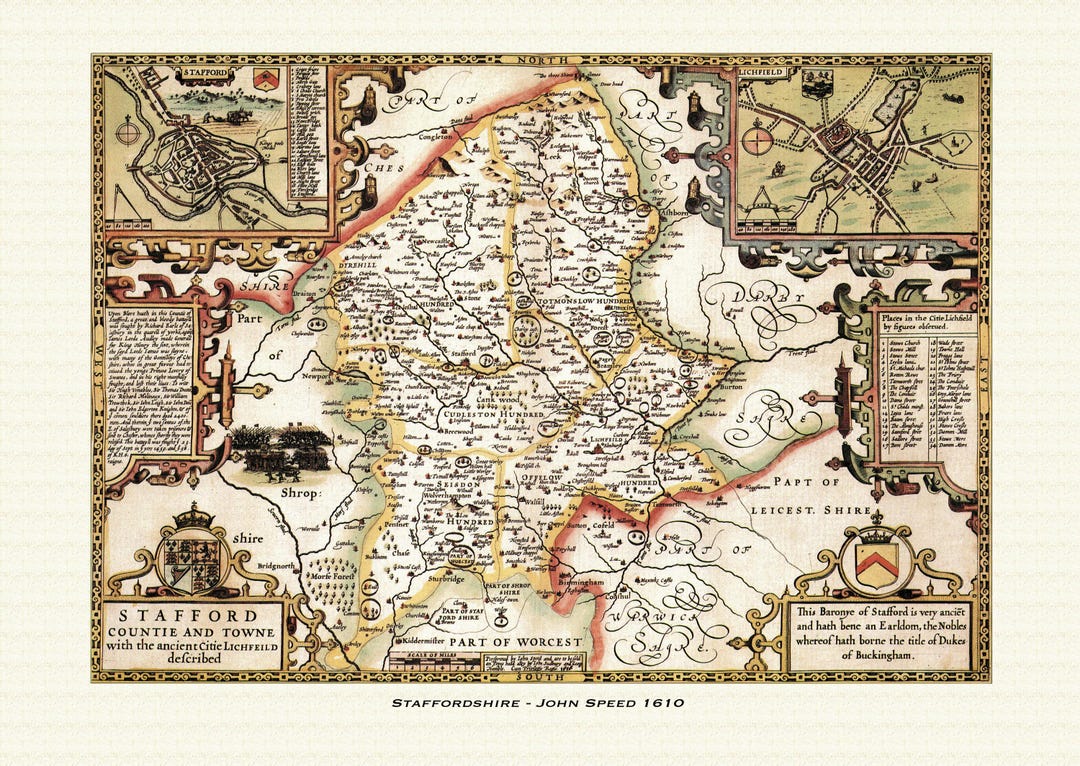 Old Map of Staffordshire - Historic Map by John Speed. Premium Quality ...