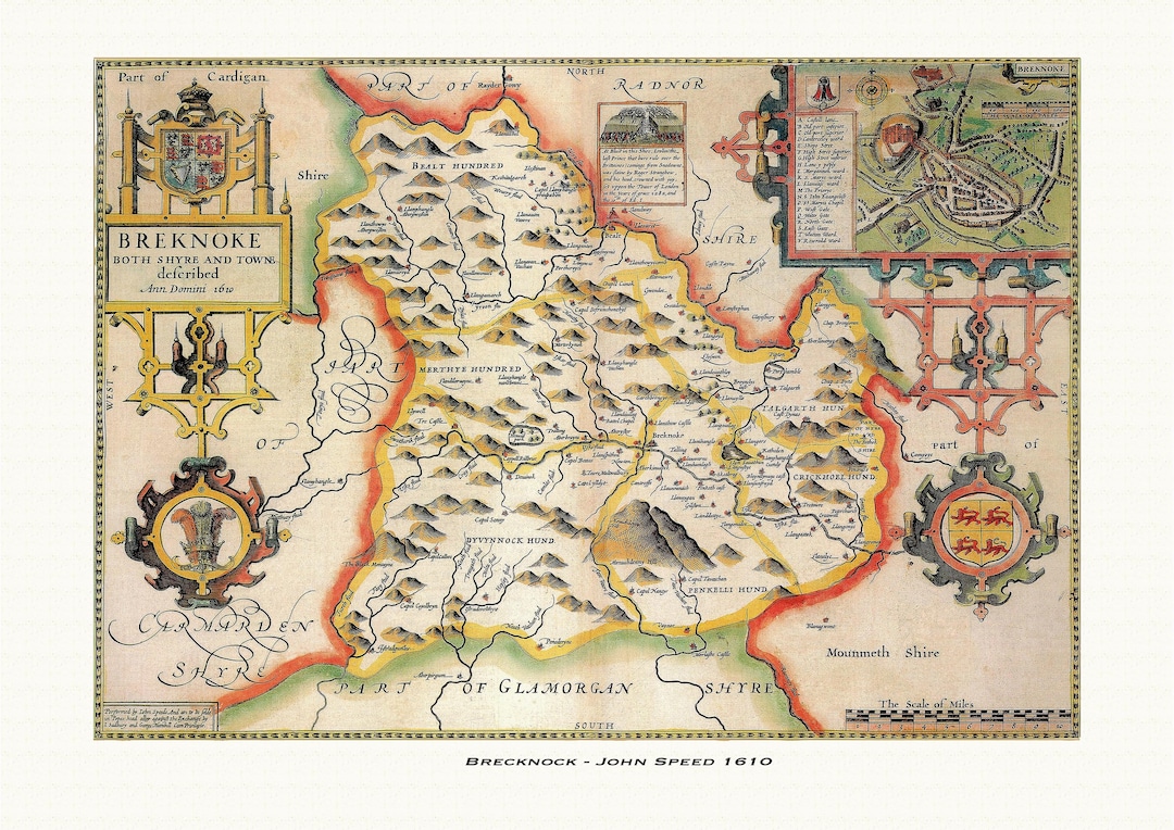 Old Map of Breconshire - Historic Map by John Speed. Premium Quality ...