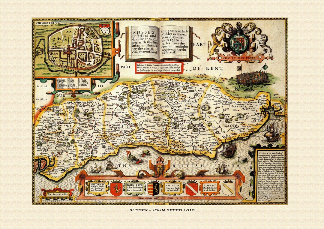 Old Map of SUSSEX - Historic Map by John Speed. Premium Quality. Framed ...