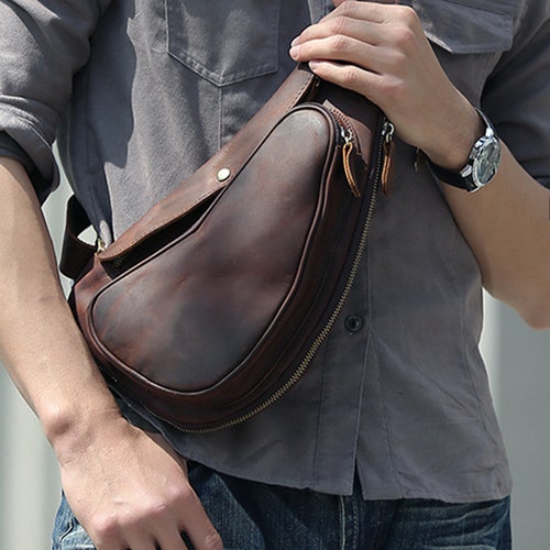Genuine Leather Sling Bag Casual Shoulder Hiking Backpack - Etsy