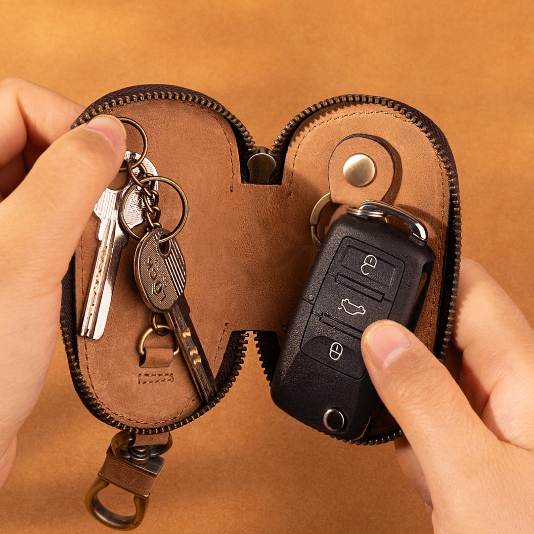 Crazy Horse Leather Key Bag Oval Zipper Car Key Pack Key Anti-falling ...