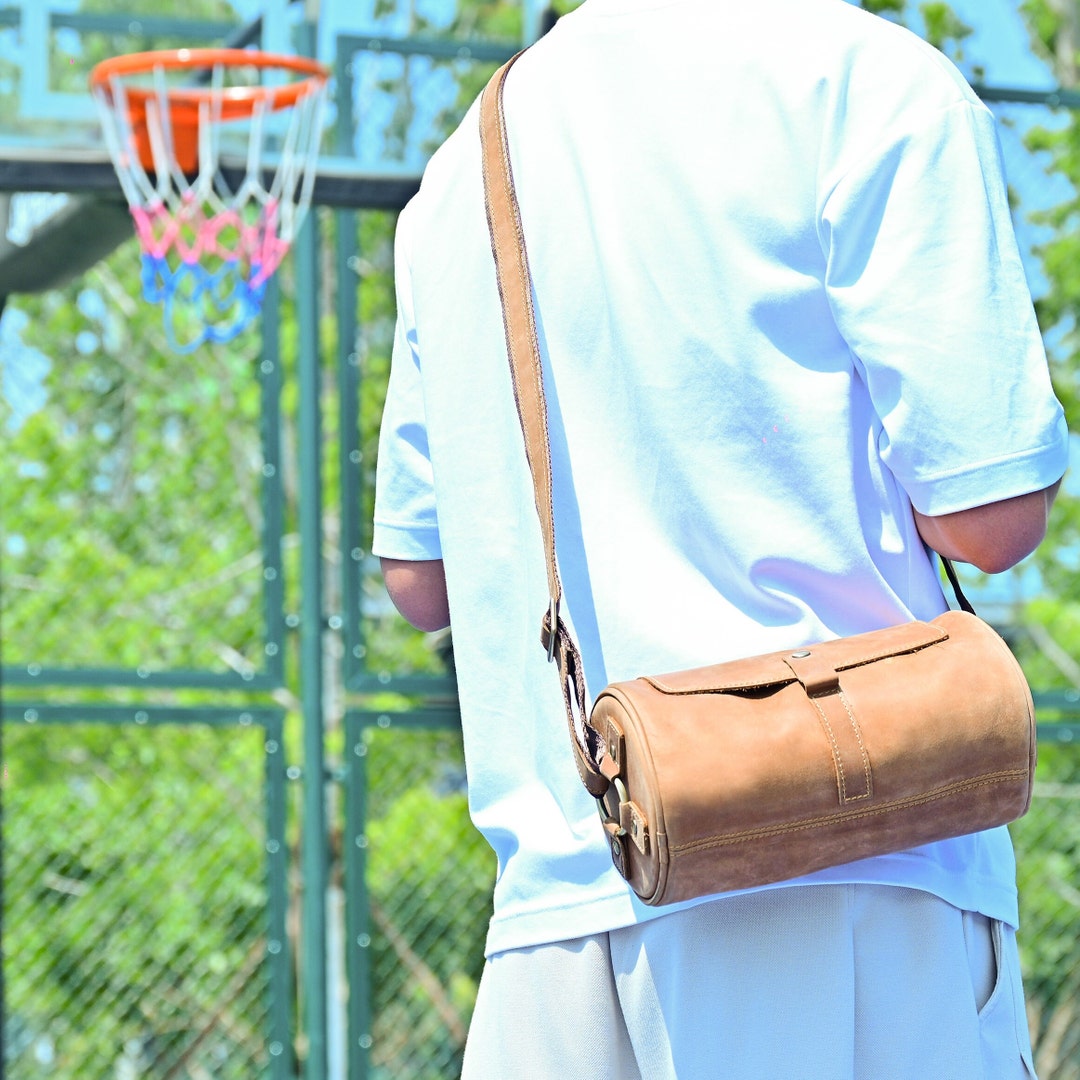 Leather Men Women Cylindrical Bag Shoulder Diagonal Bag Messenger Bag ...