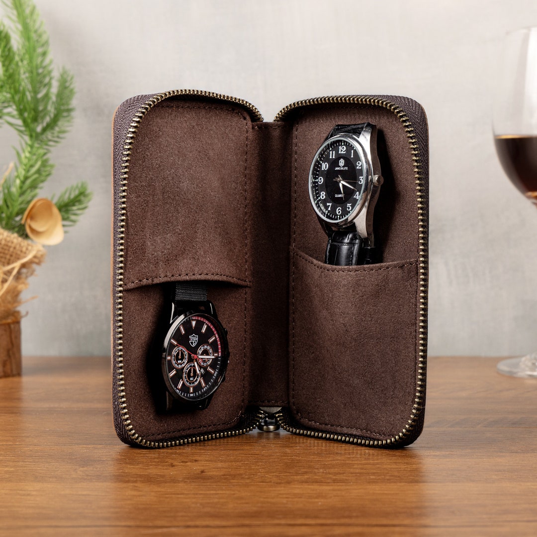 Genuine Leather Zipper 2 Watch Case for Men Watch Display Case Watch ...