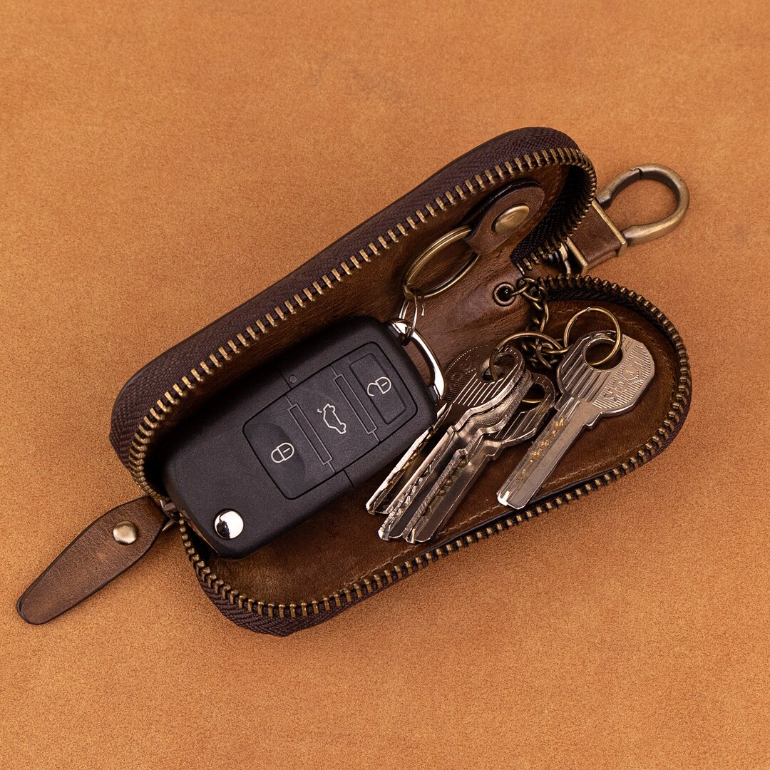 Retro Keycase Multi Functional Zipper Convenient Crazy Horse Leather ...
