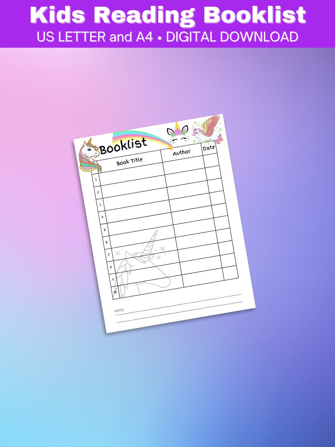 Unicorn Kids Reading Booklist- Printable- Digital Download - Etsy