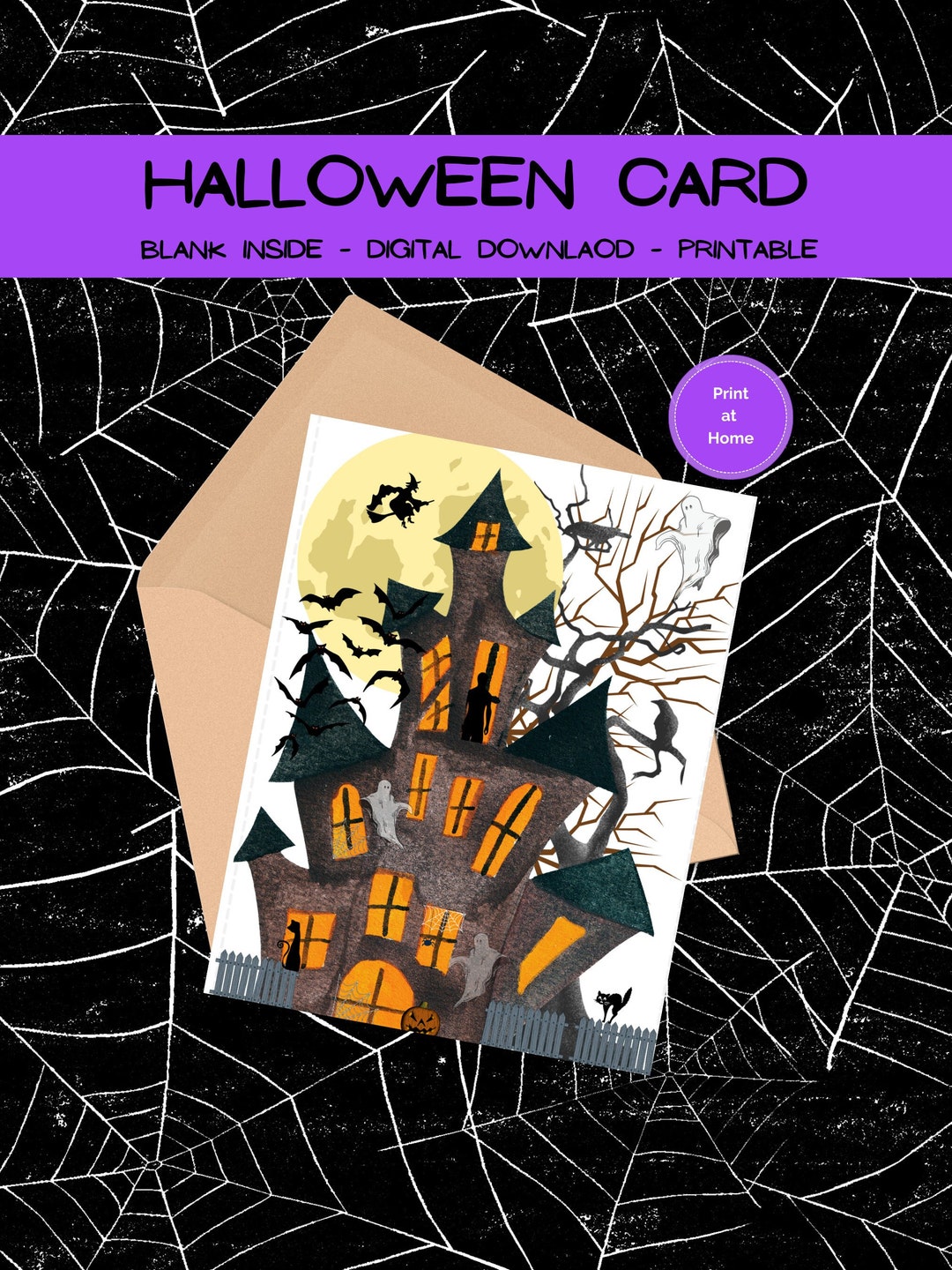 Halloween Card Classic Haunted House Digital Download- Printable - Etsy