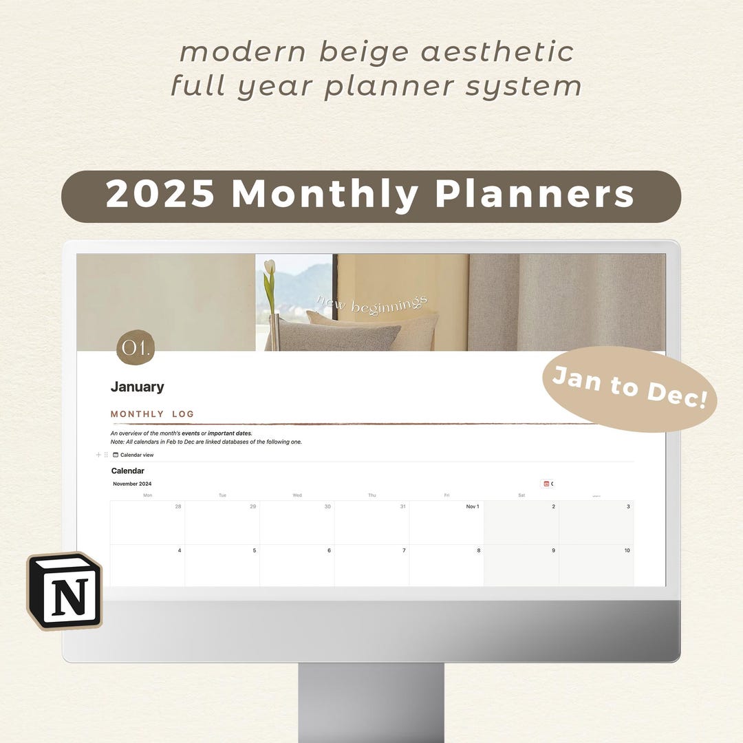 Notion Monthly Planner Template | Full Year Digital Life Planner ...