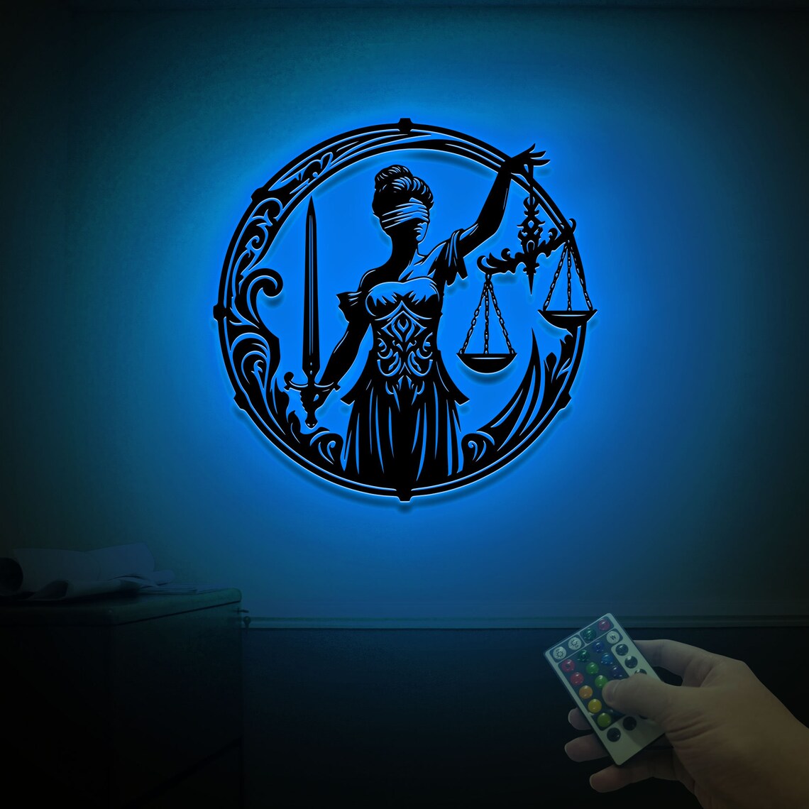 Lady Justice Metal Sign With Led Lights, Themis Justitia Metal Wall Art ...