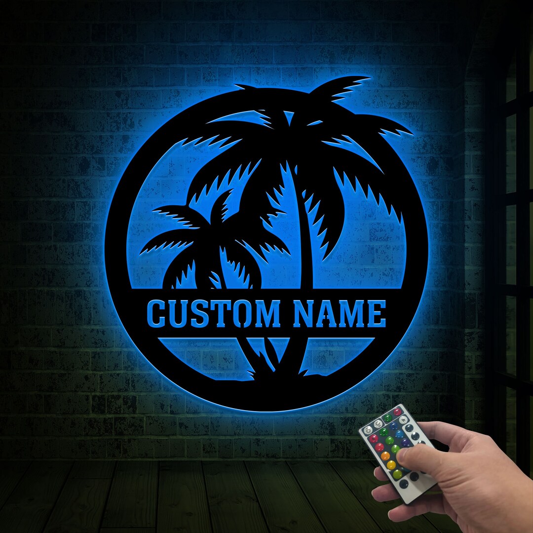 Custom Palm Trees Metal Sign With LED Lights, Tropical Palm Tree Metal ...