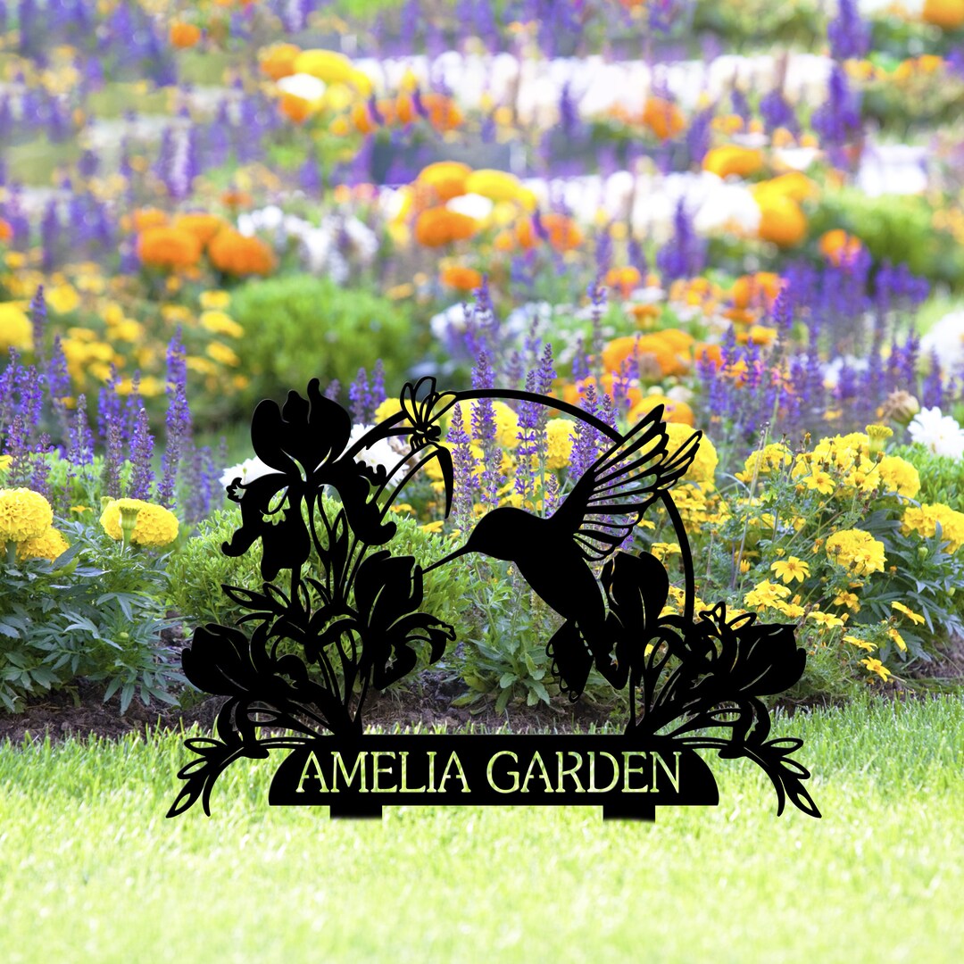 Custom Hummingbird Metal Garden Stake, Personalized Garden Name Sign ...