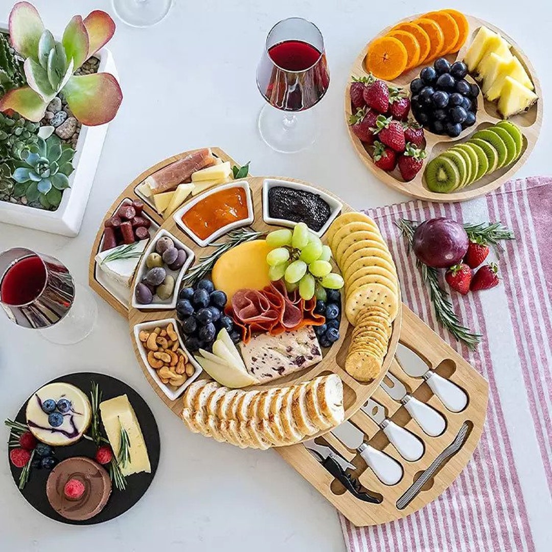 Bamboo Round Cheese Board With Drawer and Knife Set Wooden - Etsy