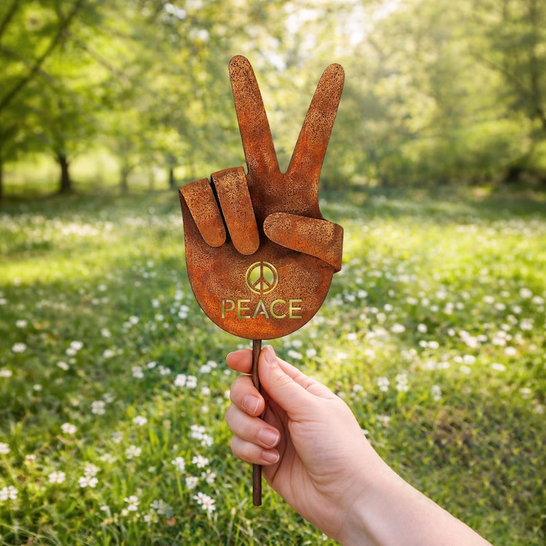 Metal Peace Sign Hand Garden Stake, Hands Metal Yard Art, Hand Gesture ...