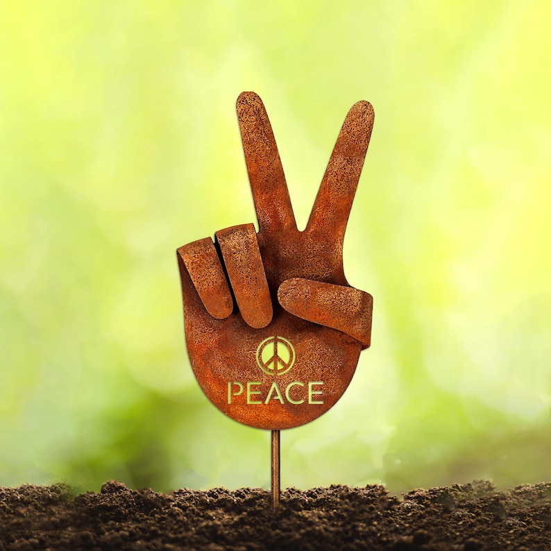 Metal Peace Sign Hand Garden Stake, Hands Metal Yard Art, Hand Gesture ...