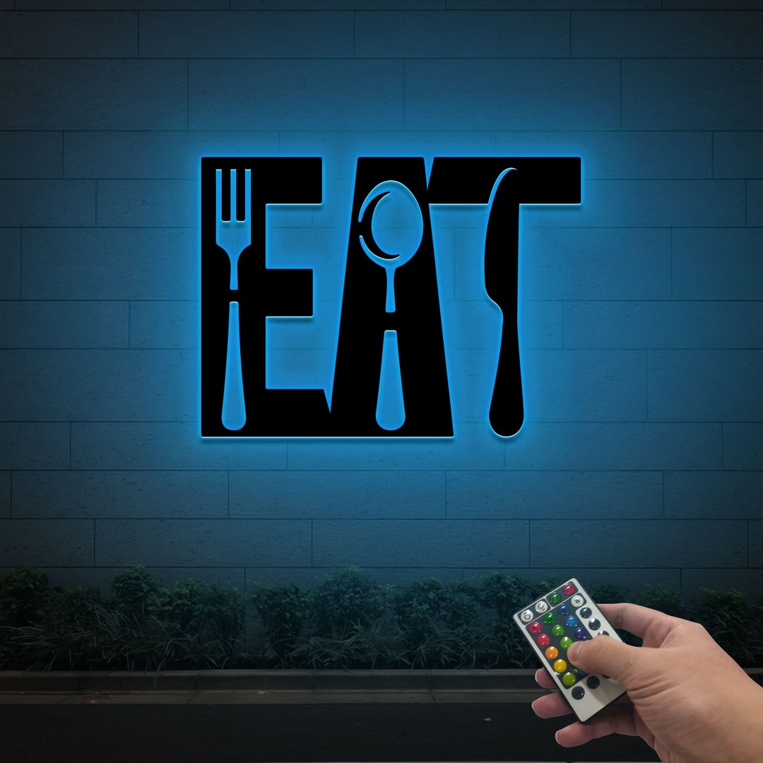 Eat Metal Wall Art With Led Lights, Metal Word Kitchen Decor, Dining ...