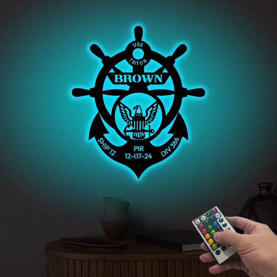 Personalized Navy Anchor Metal Sign With Led Lights, US Navy Wall Decor ...
