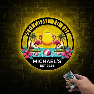 Custom Flamingo Poolside Metal Sign With Led Light, Printed Flamingo ...