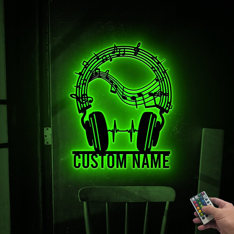 Custom Earphones Metal Wall Art With Led Light, Headphones Metal Sign ...