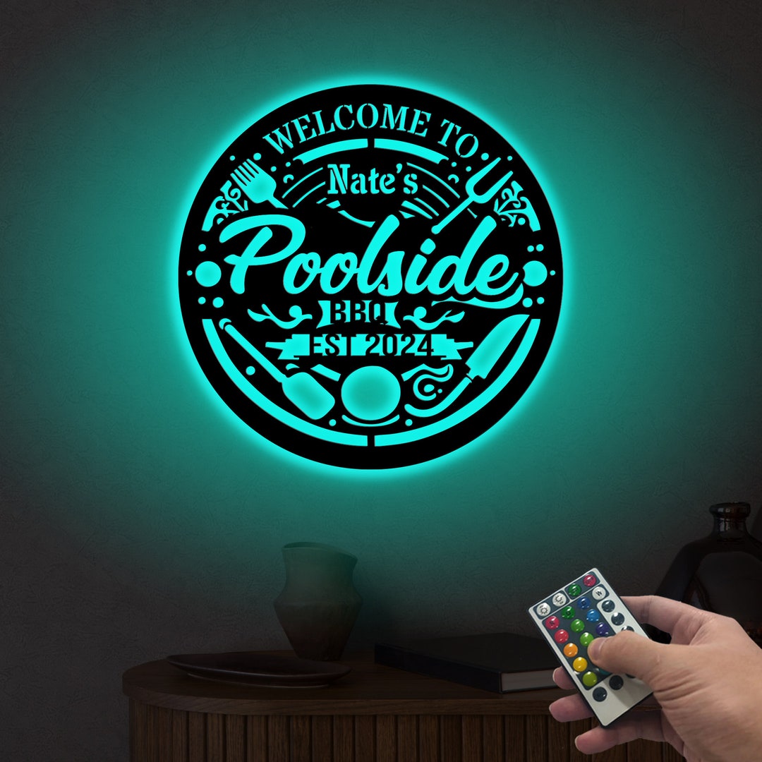 Custom Poolside Metal Wall Art With Led Lights, Personalized BBQ Name ...