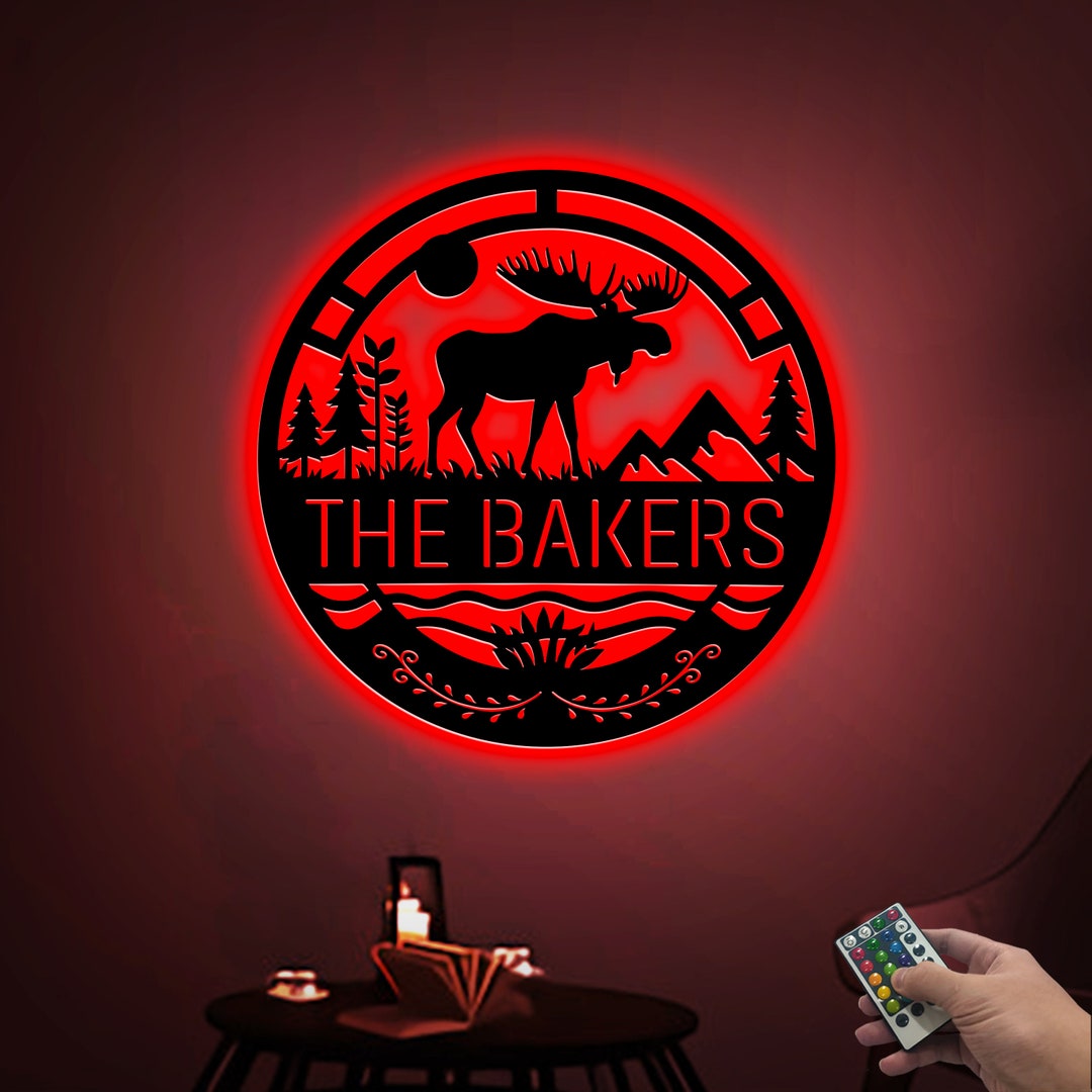 Personalized Moose Metal Name Sign With Led Light, Moose Antler Family ...